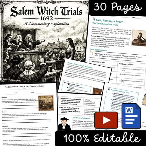 Salem Witch Trials Documentary Worksheets | Halloween Reading Comprehension