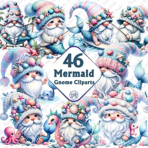 Watercolor Mermaid Gnome Clipart Bundle - Cute Fairytale Clipart ...