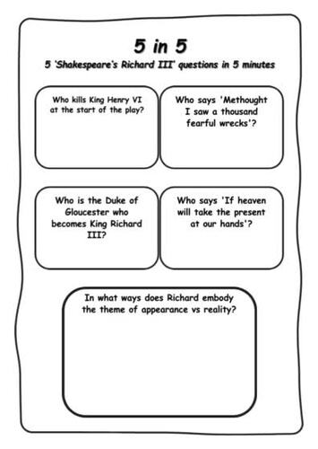 English Literature Shakespeare's Richard III Starter Questions ...