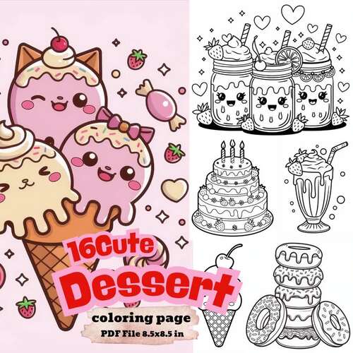 Cute Dessert Coloring Pages, 16 Kawaii Sweets PDF by Chiroshopkids