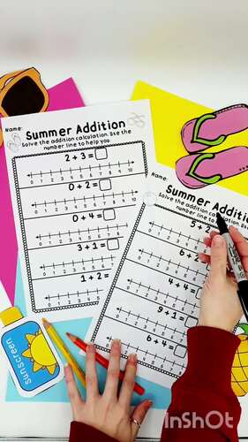 Summer Addition Subtraction with a Number Line Worksheet Bundle | TPT