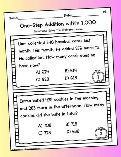 Back to School One Step Word Problems Adding & Subtracting Within 1000