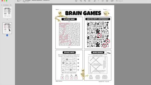Fun Halloween Math Worksheets Middle School 6th/7th/8th Grade | Brain Games