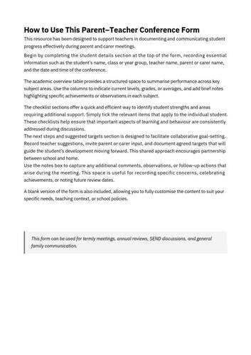Parent–Teacher Conference Form | One-Page Template + Blank Version | A4 ...