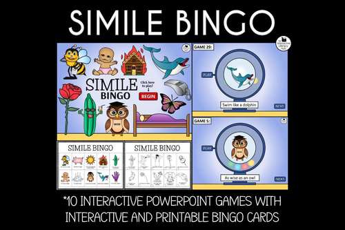 Simile PowerPoint Games - Bingo games with examples of similes in sentences