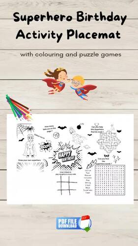 Superhero Birthday Activity Placemat, Coloring Page, Activity Sheet ...