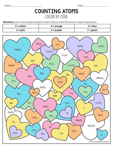 Valentines Day Counting Atoms Science Color By Code Activity Chemistry ...