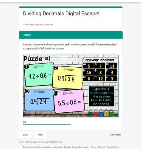 Dividing Decimals by Decimals Digital Math Escape Room Activity | TPT