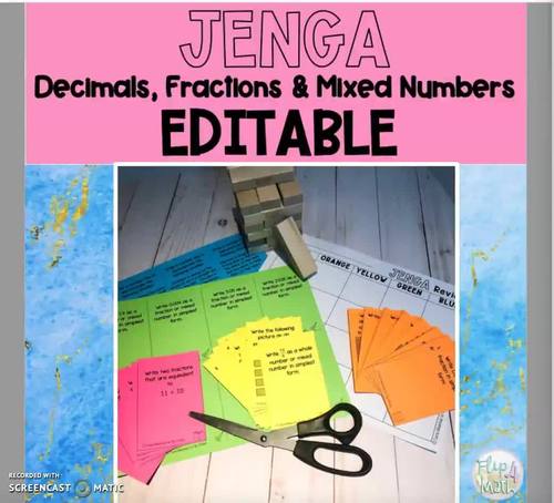 Decimals, Fractions and Mixed Numbers EDITABLE Jenga Activity by Flip 4 ...