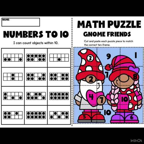 Numbers to 10 Cut & Paste Puzzle Activities—Gnomes Valentine’s Day