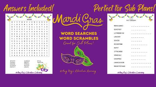 Mardi Gras Word Searches & Scrambles Middle & High School Vocabulary Games