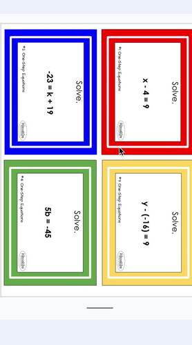 Algebra - Solving Equations Student Task Card Activity Printable