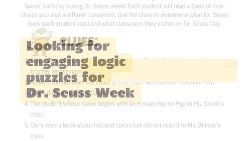 Dr. Seuss Week Activity, Logic Puzzle, FREE Dr. Seuss Day Bookmarks, GATE