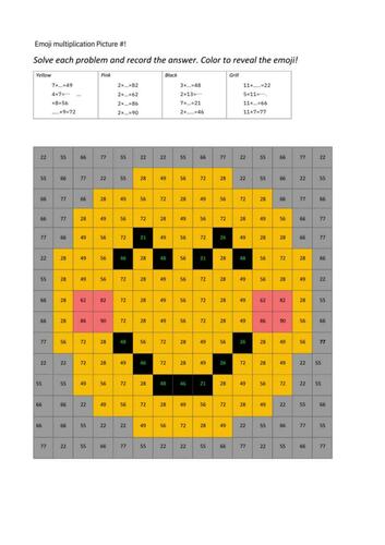 Multiplication Color to reveal the emoji! & Multiplication Practice