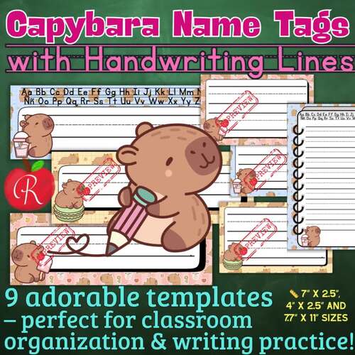 Capybara Name Tags | Handwriting Dotted Lines & Alphabet | Classroom Labels