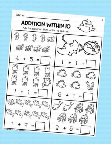 Kindergarten Picture Addition Within 10 Ocean Animals Math Worksheets ...