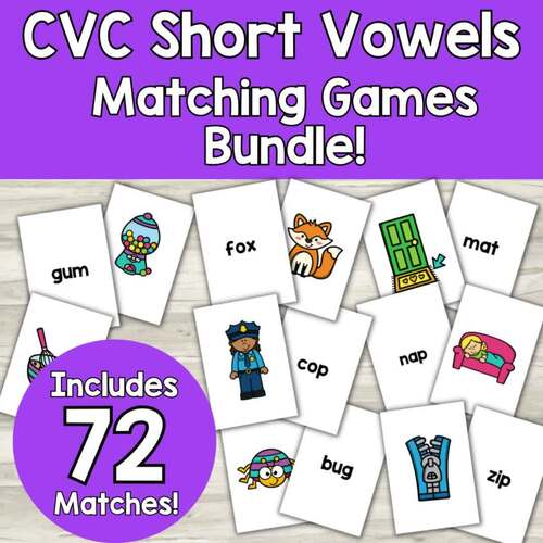 CVC Short Vowels Matching Games Bundle | Kinder 1st 2nd Grade Reading ...