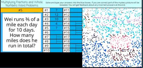 Multiplying Fractions and Whole Numbers Word Problems Pixel Art | TPT