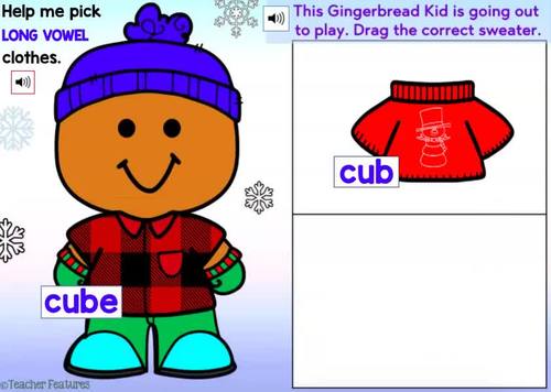 BOOM CARDS GINGERBREAD CVCe & Long Vowels : Dress the Gingerbread Kids