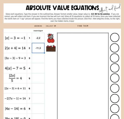 Solve Absolute Value Equations self checking digital activity | TPT