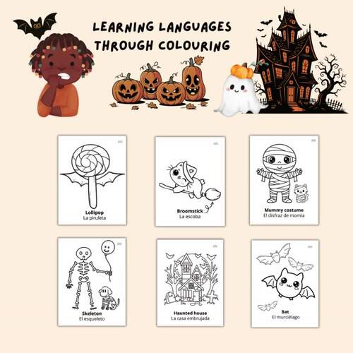 Bilingual Halloween Coloring English & Spanish, Spanish Halloween
