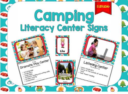 Camping Themed Literacy Center Signs With Editable Objectives | Center ...