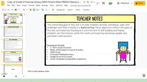 Grade 4 FRENCH Financial Literacy NEW Ontario Math DIGITAL Google Slides