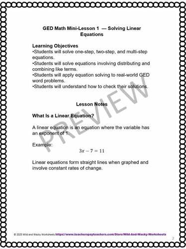 GED Math Microlessons by Wild and Wacky Worksheets | TPT