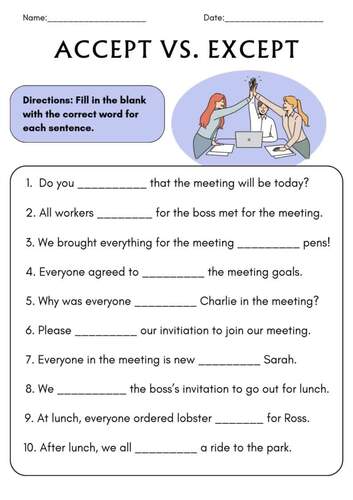 Accept vs Except Homophones ELA Flash Cards and Worksheet Bundle for ...