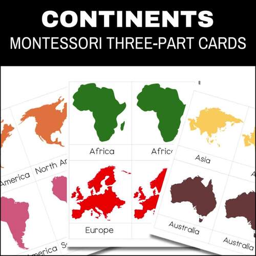 Continents Montessori 3 Part Cards, 7 Continents Printables, Montessori