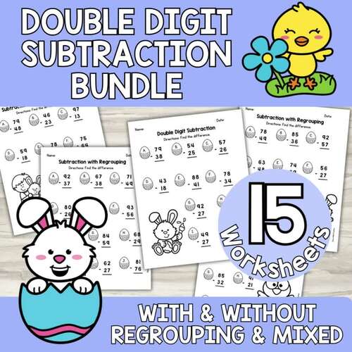 Easter Double Digit Subtraction Worksheet Bundle (With & Without ...