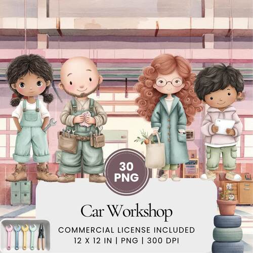 Car Workshop Watercolor Clipart by Ikota Design | TPT