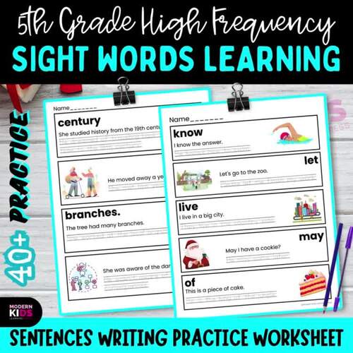 5th Grade High Frequency Sight Words Learning & Sentences Writing Worksheet