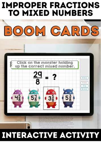 Improper Fractions to Mixed Numbers | Boom Cards™ | Monster Math Fun