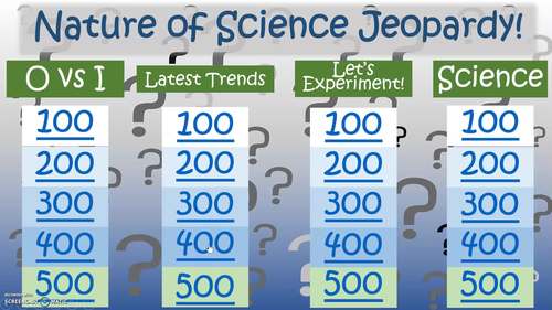 Scientific Method Jeopardy! Review (Nature of Science, Investigations...)