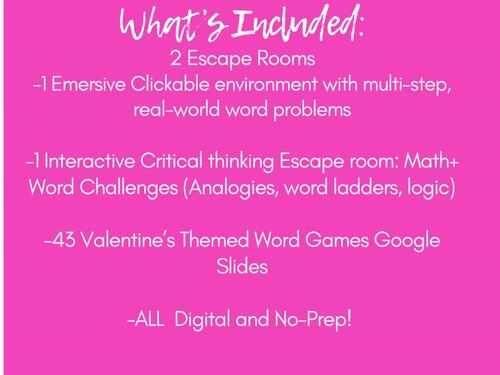 Valentine's Reading & Math Digital Escape Room Games Third Grade