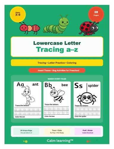 Lowercase Letter Tracing Worksheets Insect Bug Theme PreK Kindergarten