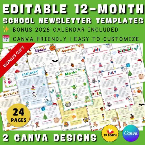 Editable 12-Month School Newsletter Templates + Bonus 2026 Calendar | Canva