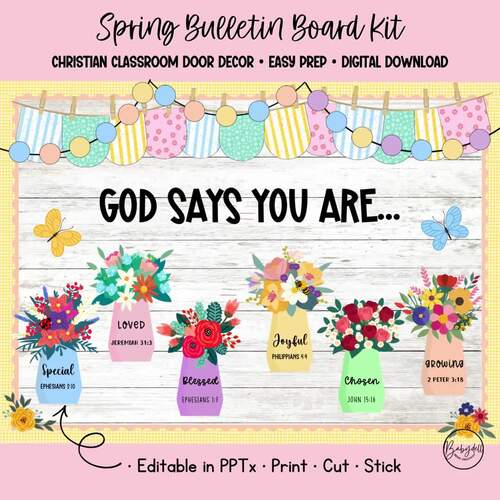 Christian Spring Bulletin Board Kit: Sunday School Decor | Bible Verses