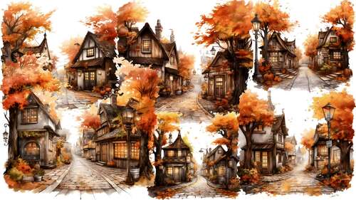 Watercolor Autumn Streets Clipart Set of 20 Files by ArtisticTimberStudio