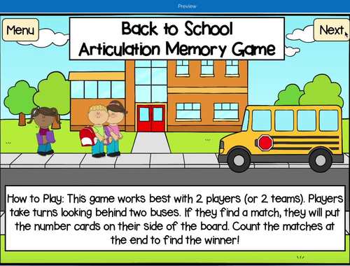 Back to School Articulation Memory Matching Game Boom Cards™ Speech Therapy