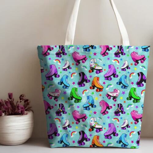 Rollerskates Seamless Digital Paper Pattern Colorful Rainbow Skates on Blue