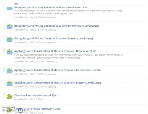 Chemical Reactions Digital Quizzes on Schoology for Distance Learning