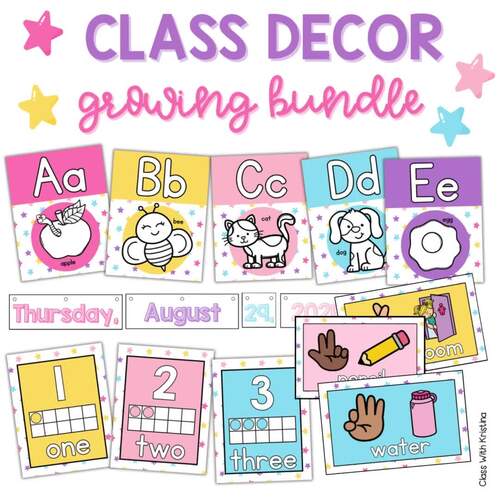 Classroom Decor Bundle Cute Bright Star Theme Pink Purple Yellow Blue