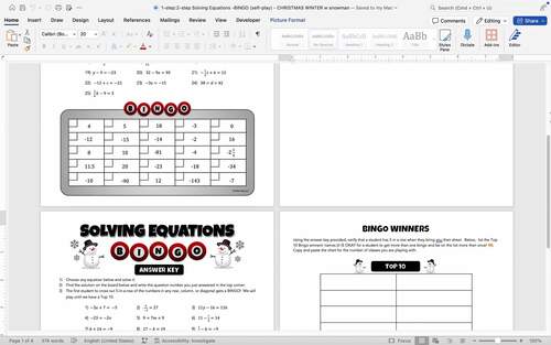 7th Grade Math Winter Holiday Worksheet Activity: BINGO (Equations Review)
