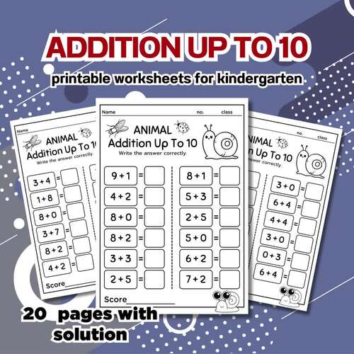 Animal Addition up to 10 Worksheets for Kindergarten, Basic operations ...