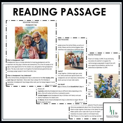 Grandparents' Day Reading Comprehension Activities | Middle |September ...