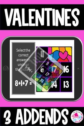 ADDING 3 NUMBERS MATH BOOM CARDS - VALENTINE'S DAY by Primary Piglets