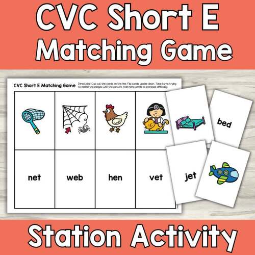 CVC Short E Vowels Matching Game | Kinder 1st 2nd grade phonics reading ...