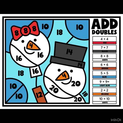 Winter Theme Color by Code – Doubles Addition Facts to 20 (1st Grade)